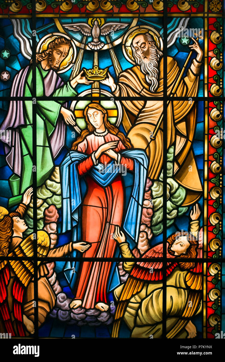 Catholic stained glass window from a church of the north of Portugal ...