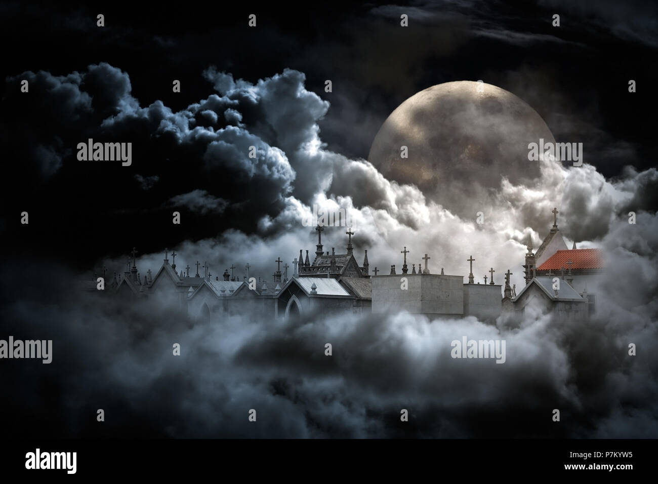 Conceptual image about death with cemetery in a cloudy sky in a full ...