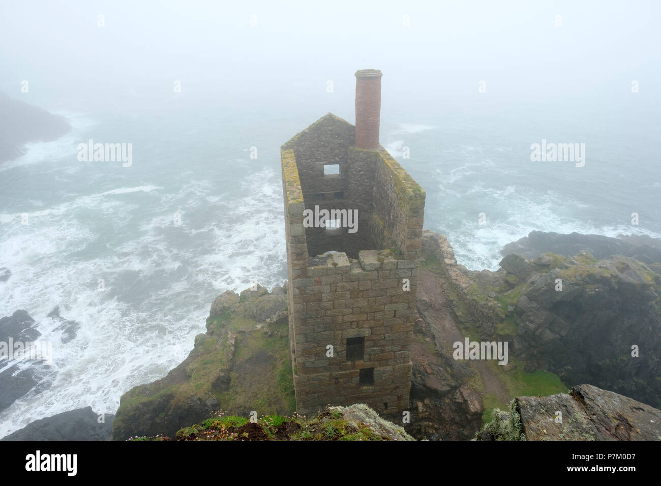 Fog, ruin on cliffcoast, former mine, Botallack Mine, St Just in ...