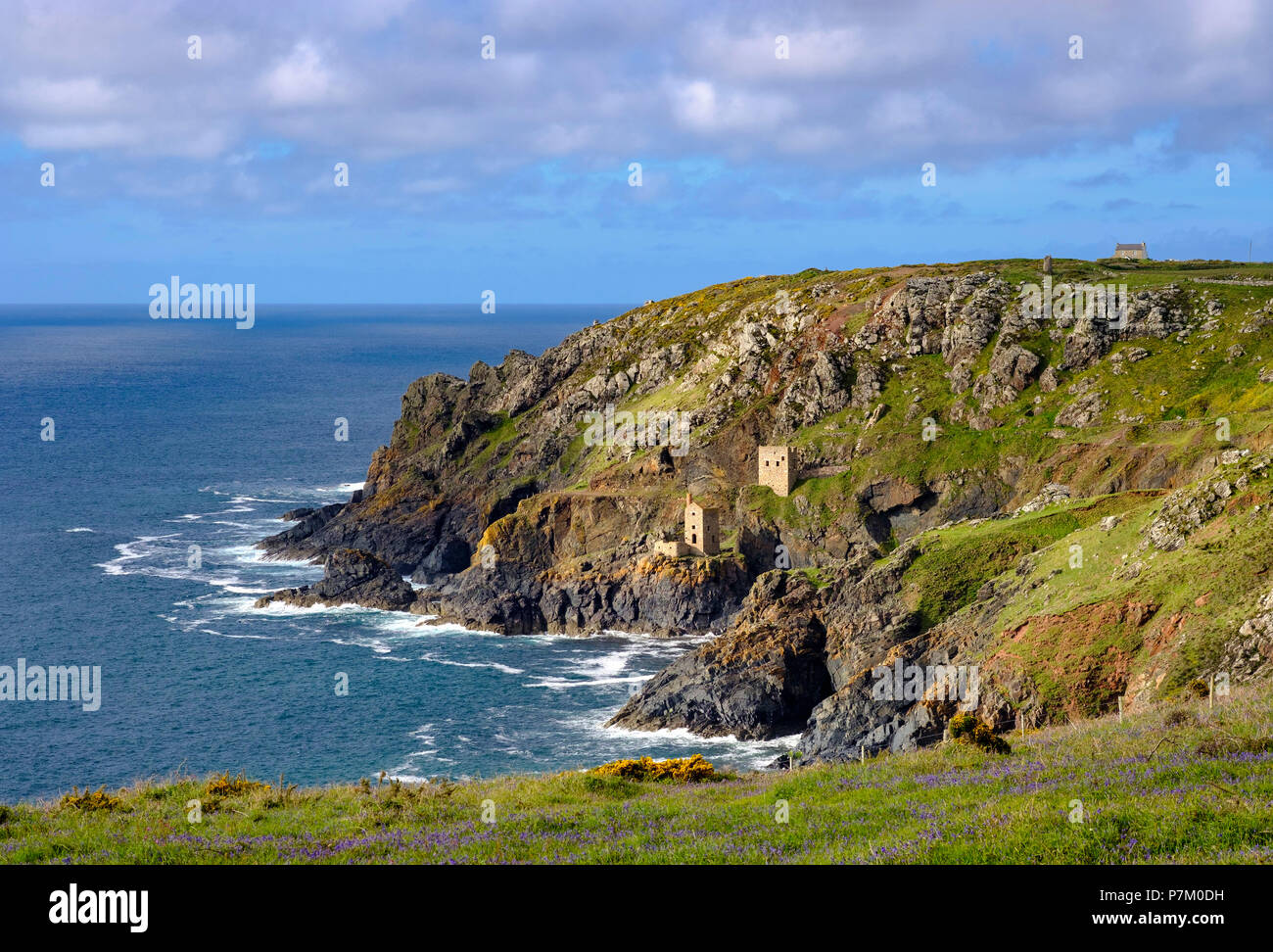 Rocky coast with ruins of the former Mine, Botallack Mine, St Just in ...