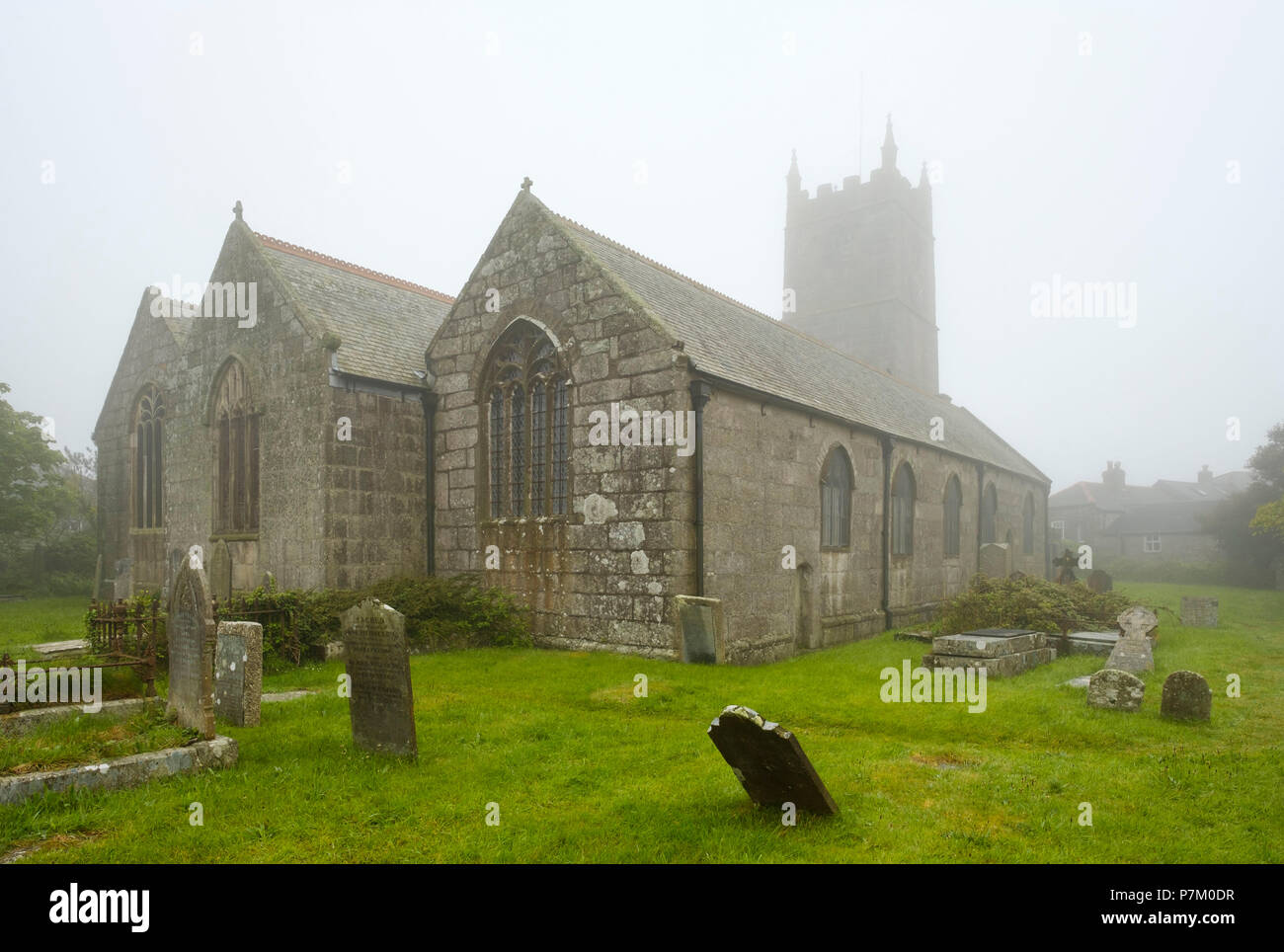 Heavy fog, cemetery and parish church, St Just in Penwith, Cornwall ...