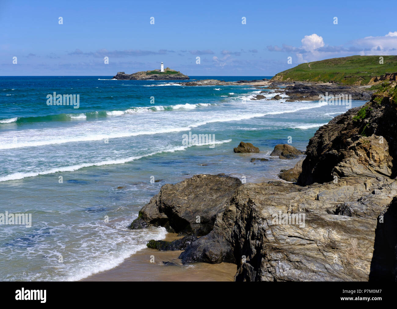 Godrevy Beach, Godrevy Lighthouse on Godrevy Island, at Gwithian, St ...