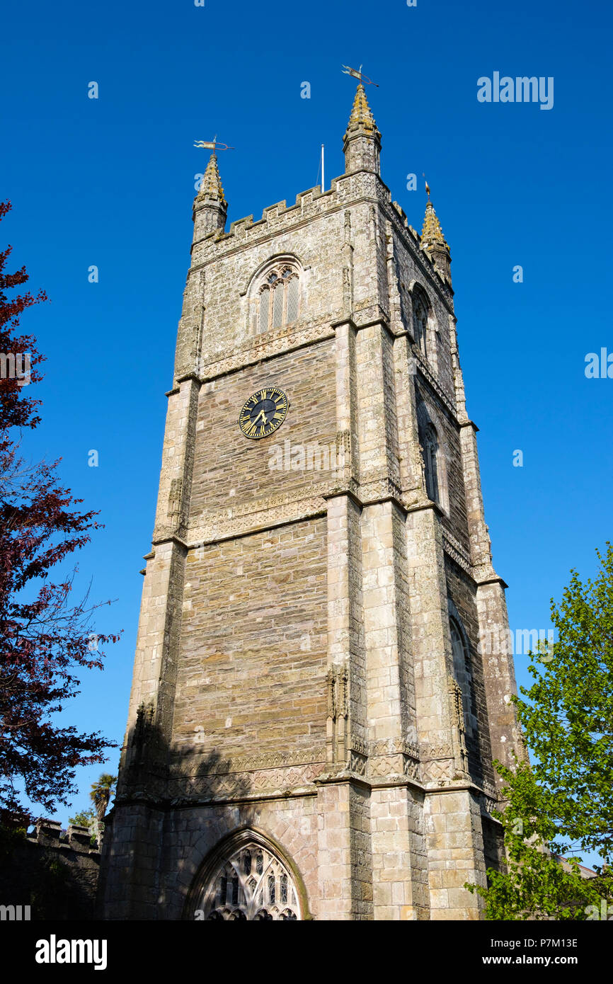 Church tower of St Fimbarrus parish church, Fowey, Cornwall, England ...
