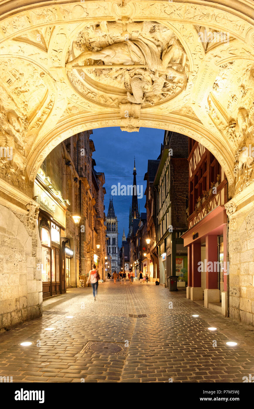 France, Seine Maritime, Rouen, Rue du Gros Horloge and the Notre Dame ...