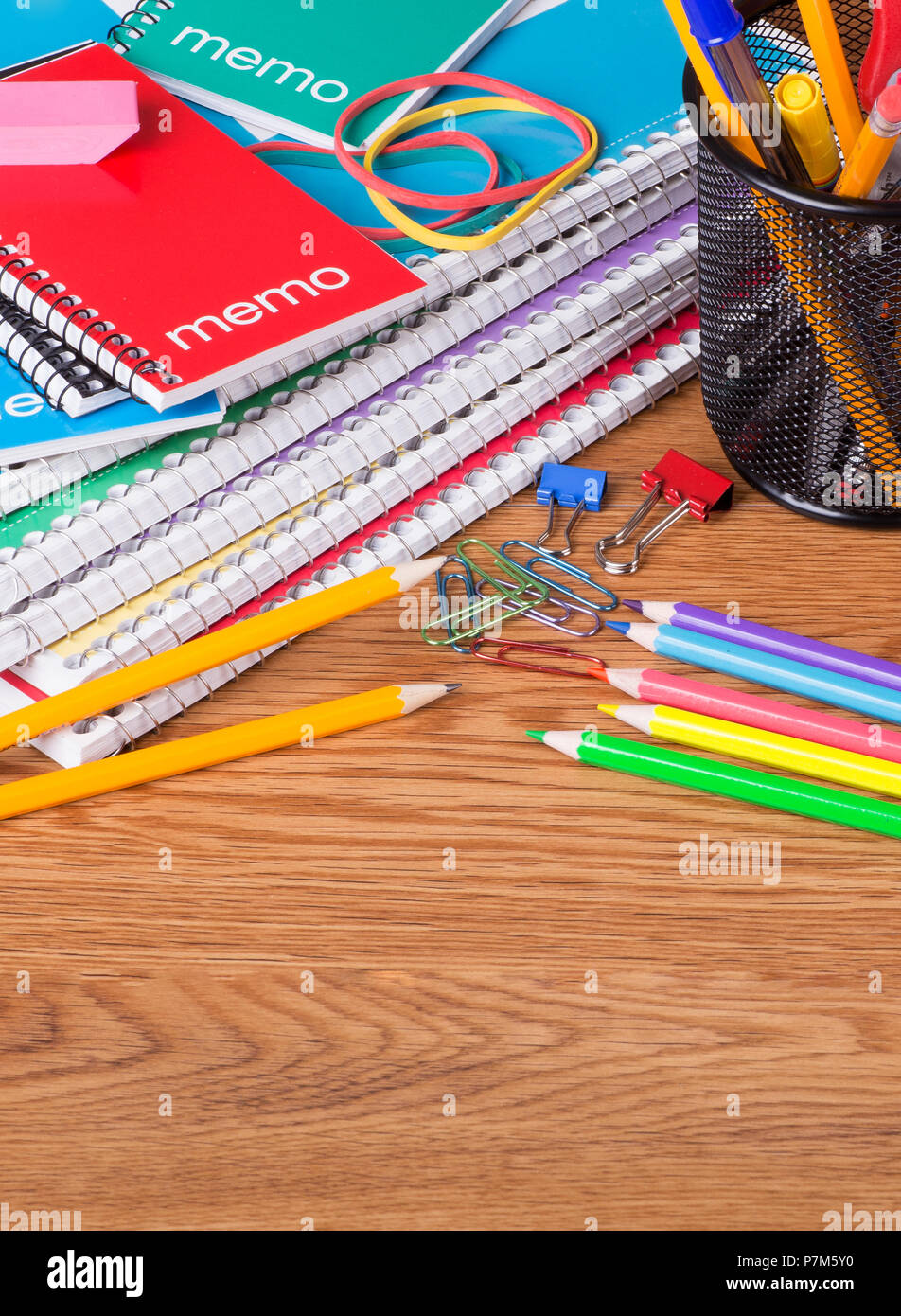 School notebooks on desk hi-res stock photography and images - Alamy