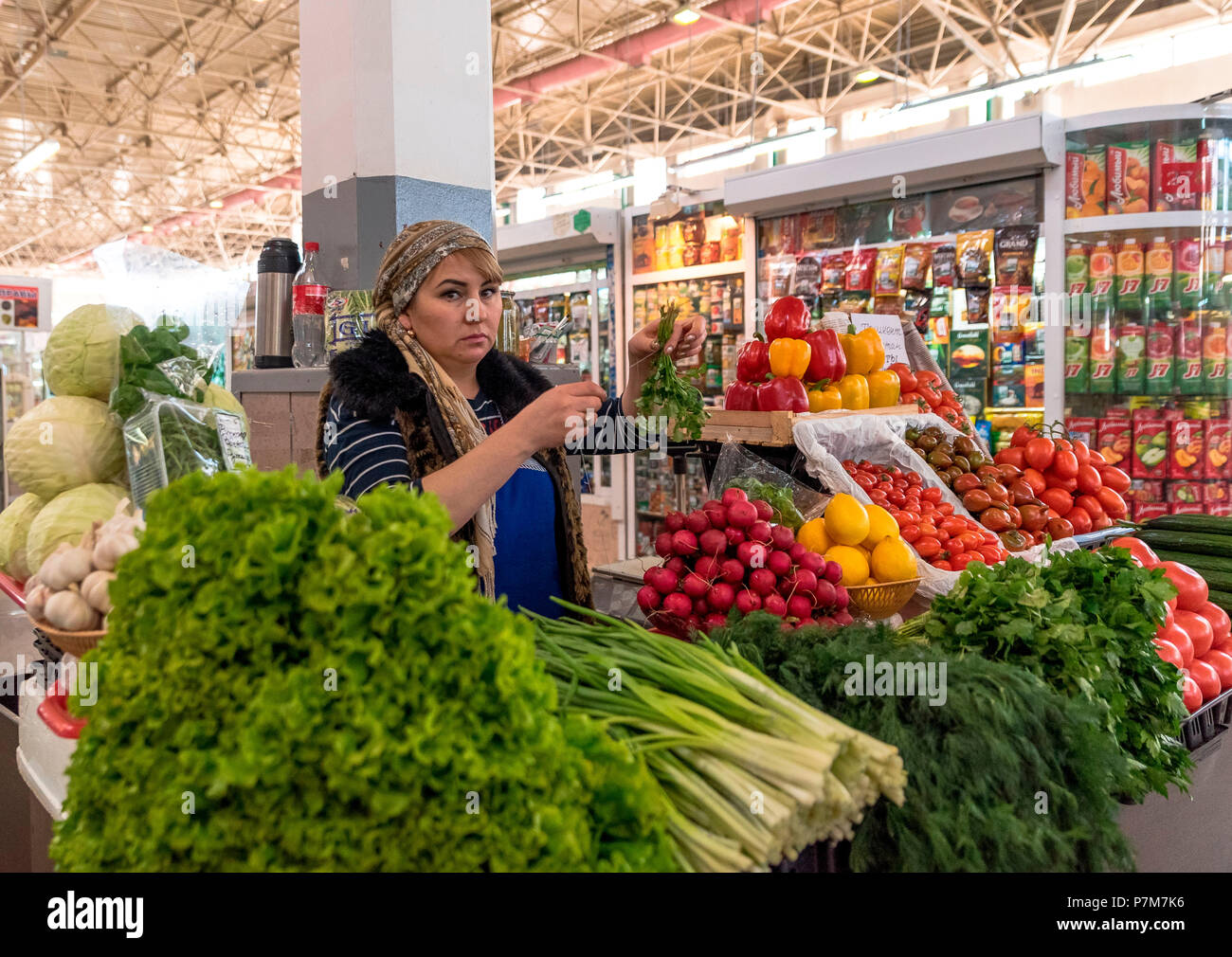 Kiosk of fresh vegetables in the market of Irkutsk, Irkutsk region ...
