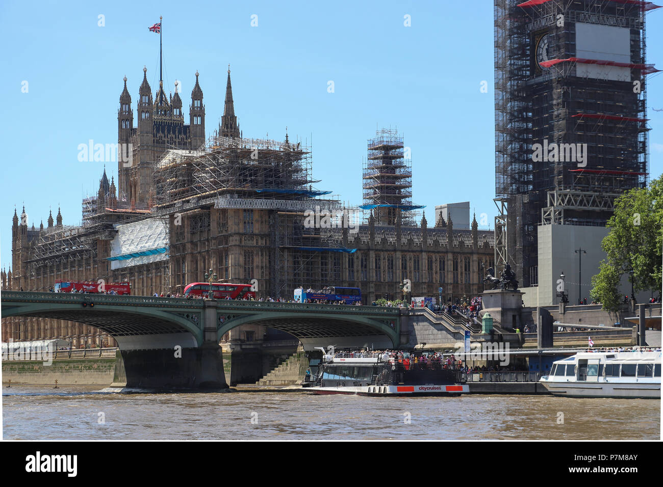 Palace of Westminster,viewed from the River Thames, with its Layher ...