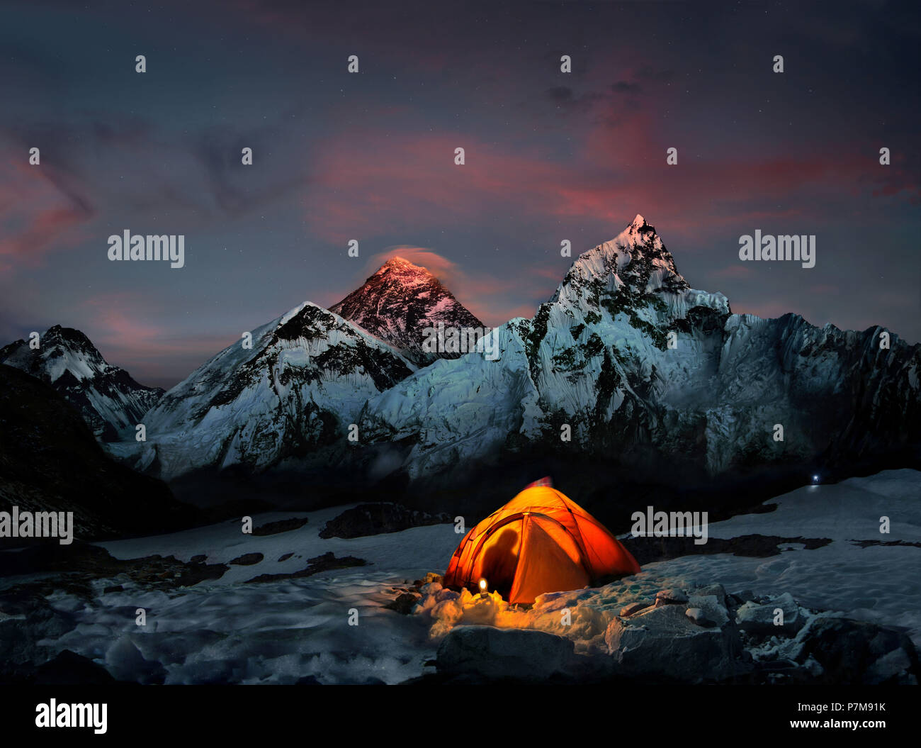 Trekking tour, tent, biwak, Mount Everest at sunrise, Mount Nuptse ...