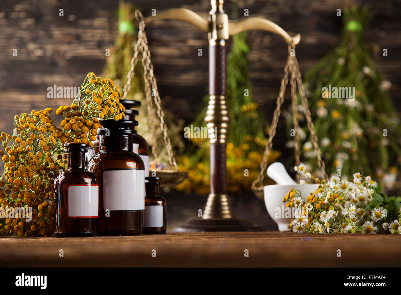 Fresh medicinal, healing herbs on wooden Stock Photo - Alamy