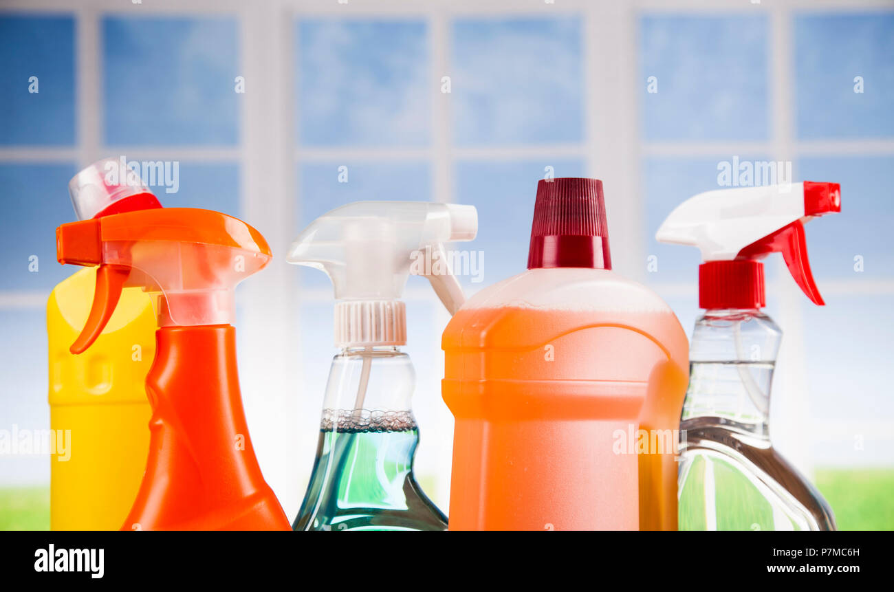 House cleaning product and window background Stock Photo - Alamy