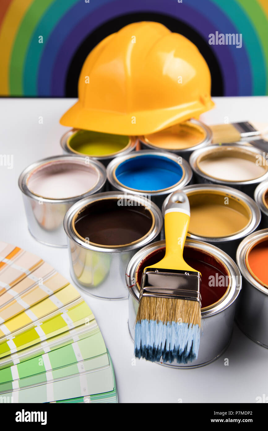 Rainbow colors, Open cans of paint Stock Photo - Alamy