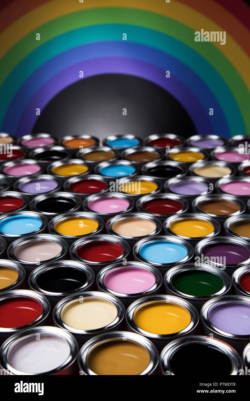 Rainbow colors, Open cans of paint Stock Photo - Alamy