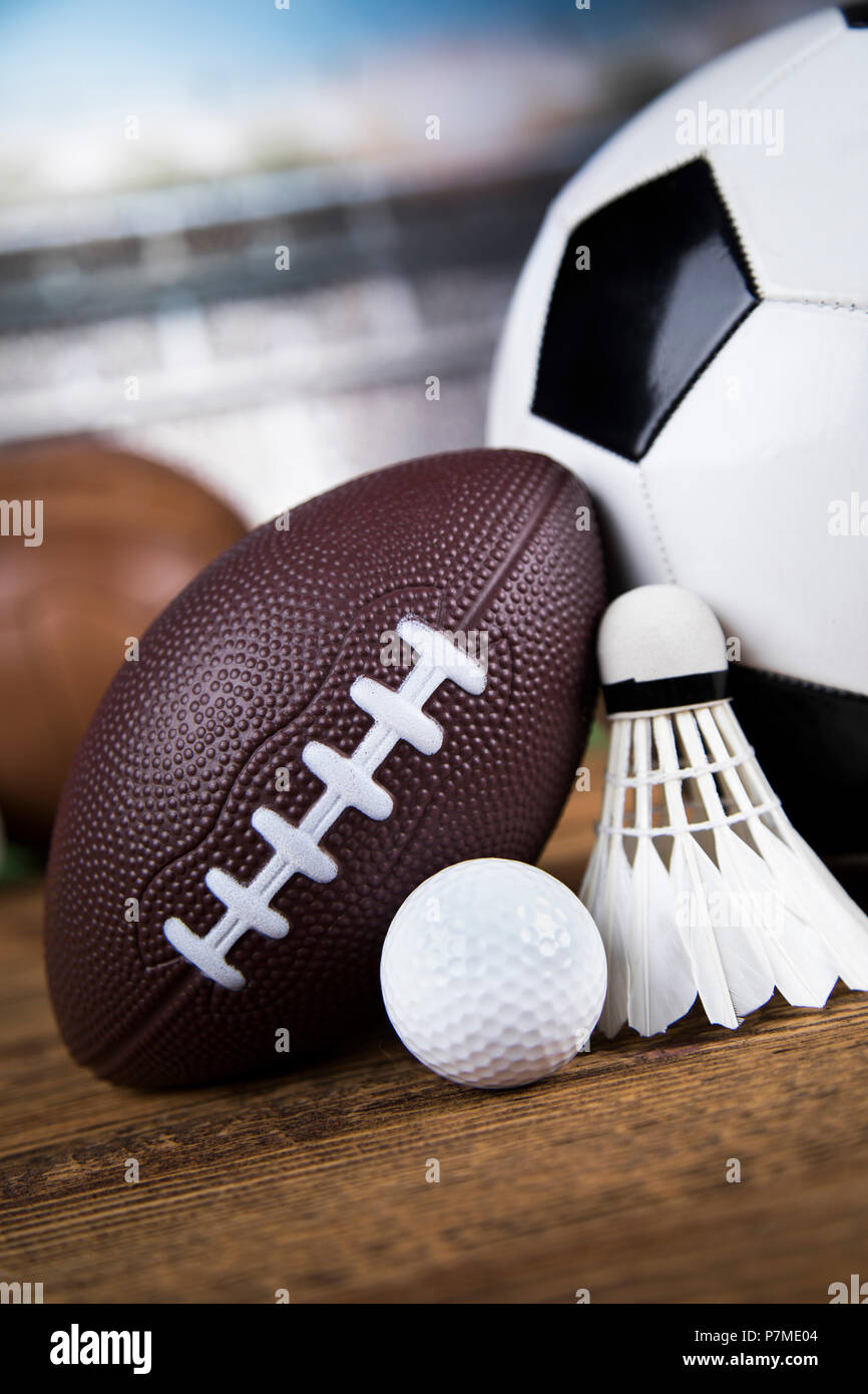 Sport equipment and balls, stadium background Stock Photo - Alamy
