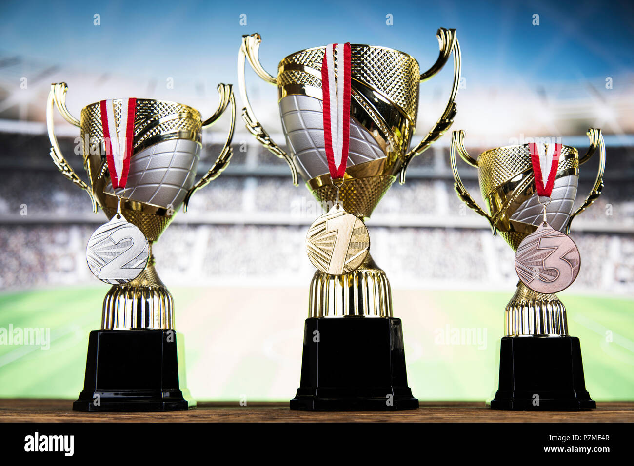 Award winning and championship concept, trophy cup on sport background ...