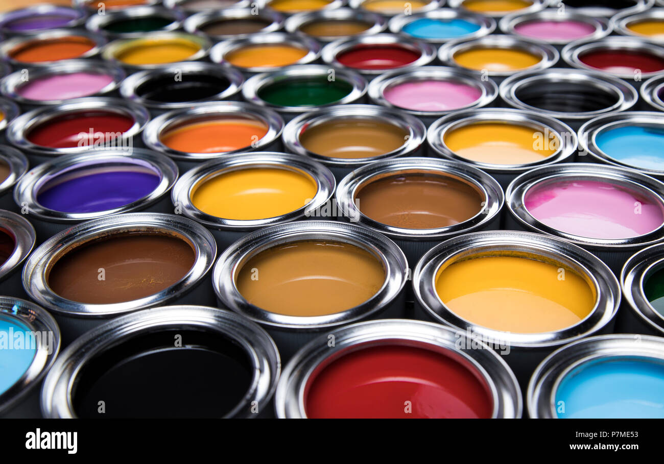 Creativity concept group of tin metal cans with color paint Stock Photo ...