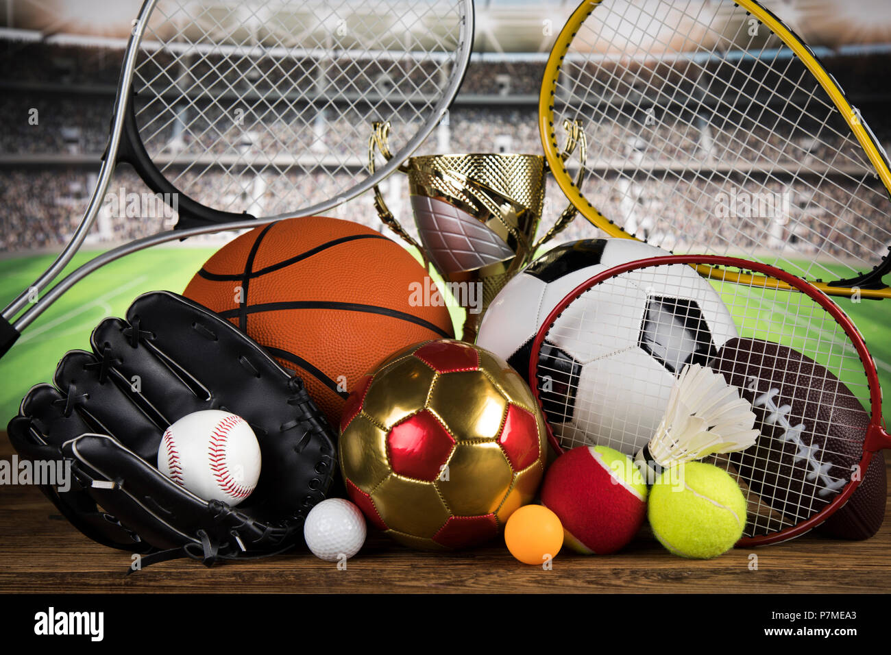 Winning trophy championship award, sport stadium background Stock Photo ...