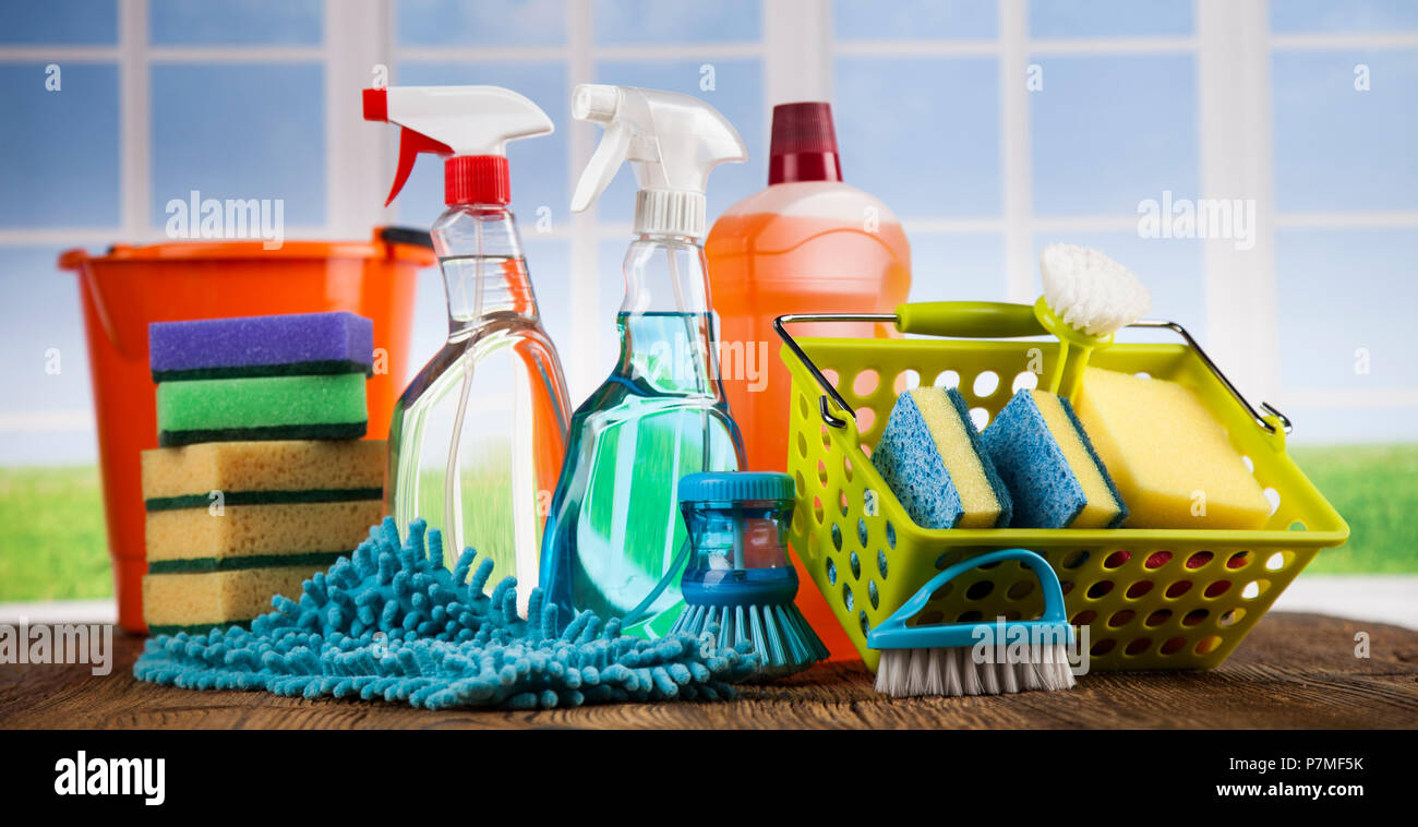 House cleaning with various cleaning tools Stock Photo - Alamy
