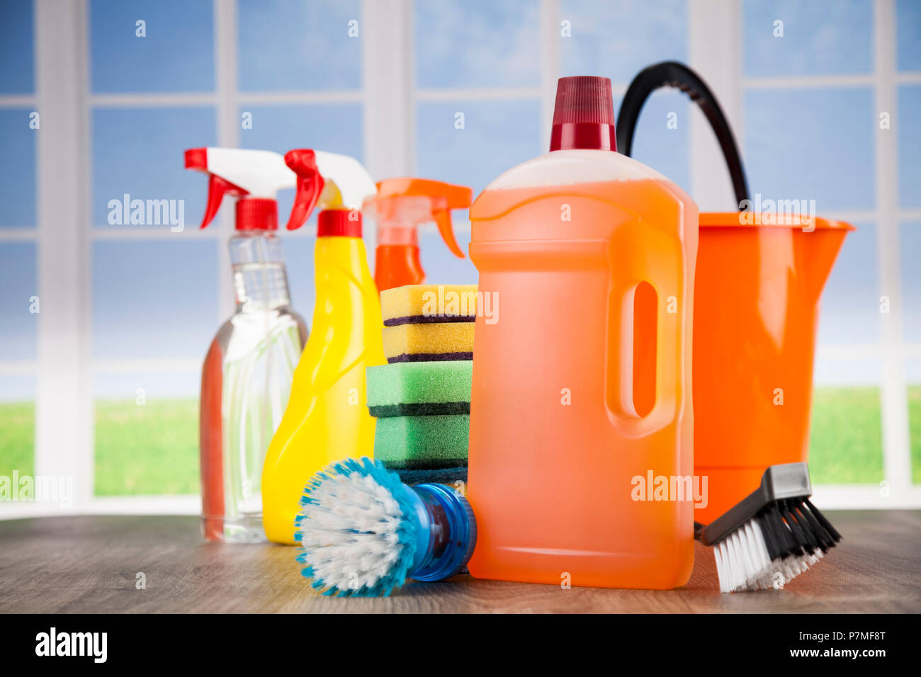 House cleaning product and window background Stock Photo - Alamy