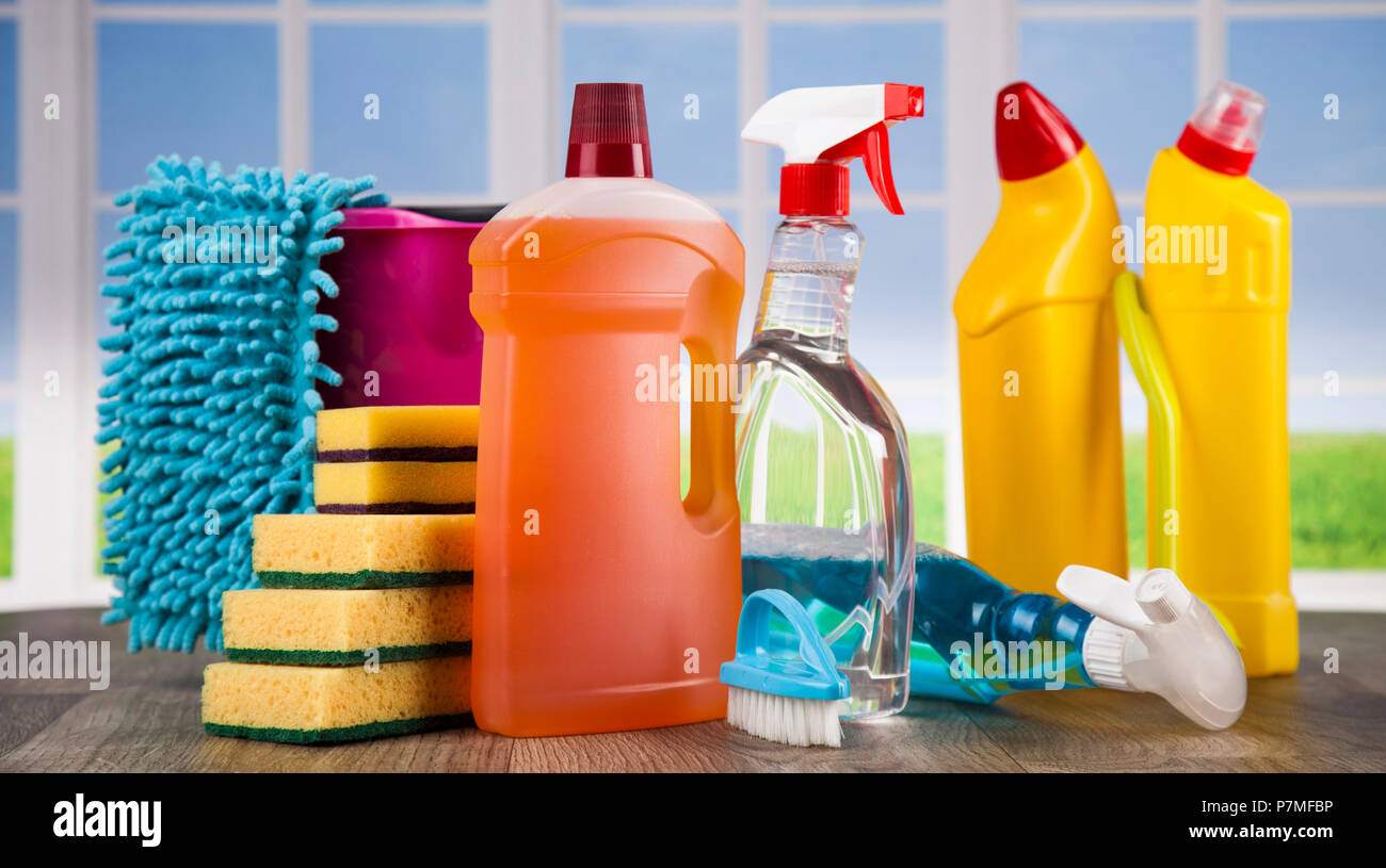 Cleaning Equipment and window background Stock Photo - Alamy