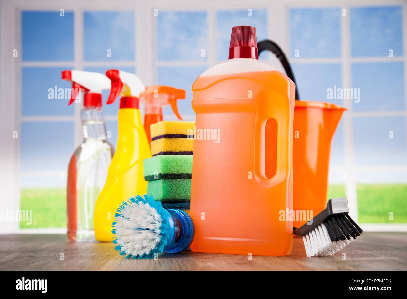 Cleaning Equipment and window background Stock Photo - Alamy