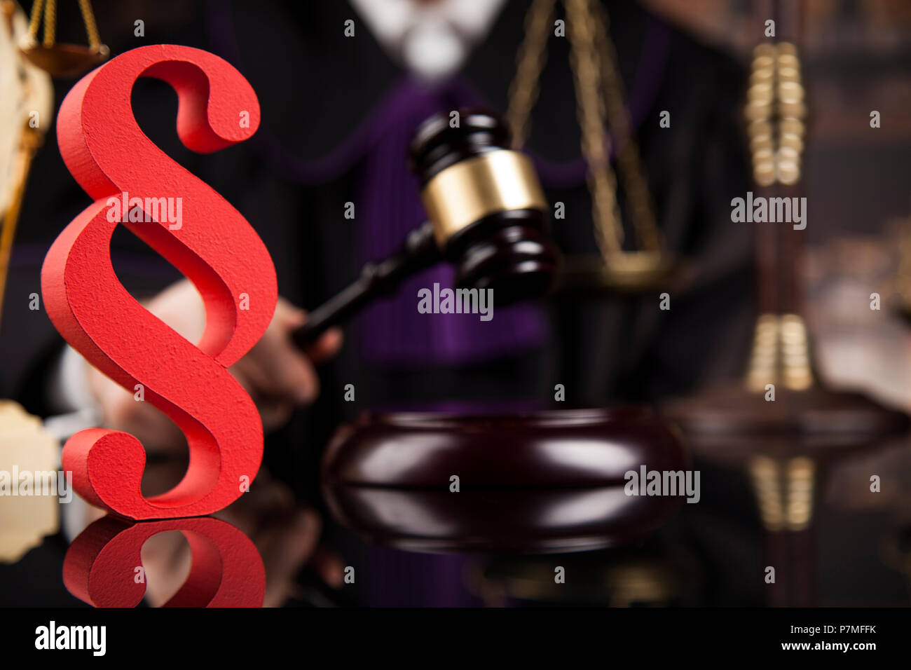 Justice and law concept, Male judge in a courtroom striking the gavel ...
