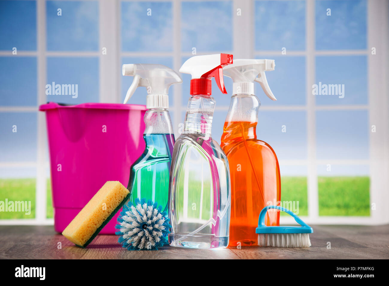 Cleaning Equipment and window background Stock Photo - Alamy