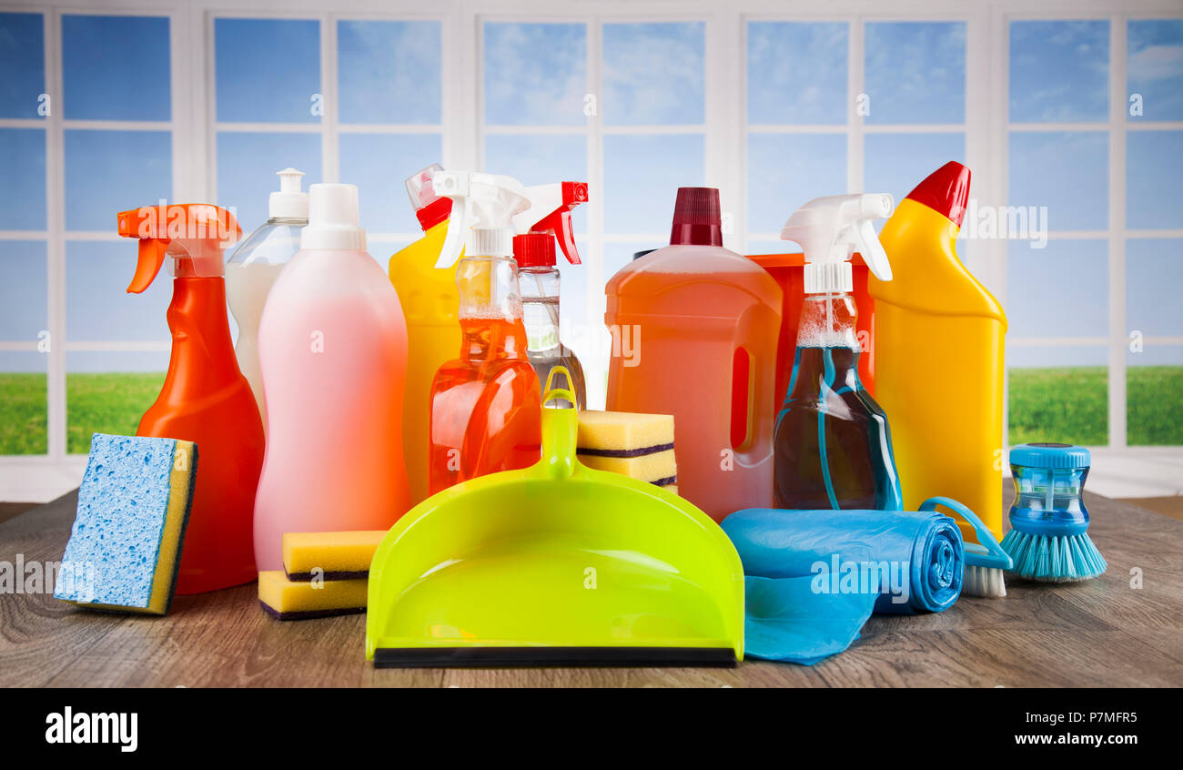 House cleaning product and window background Stock Photo - Alamy