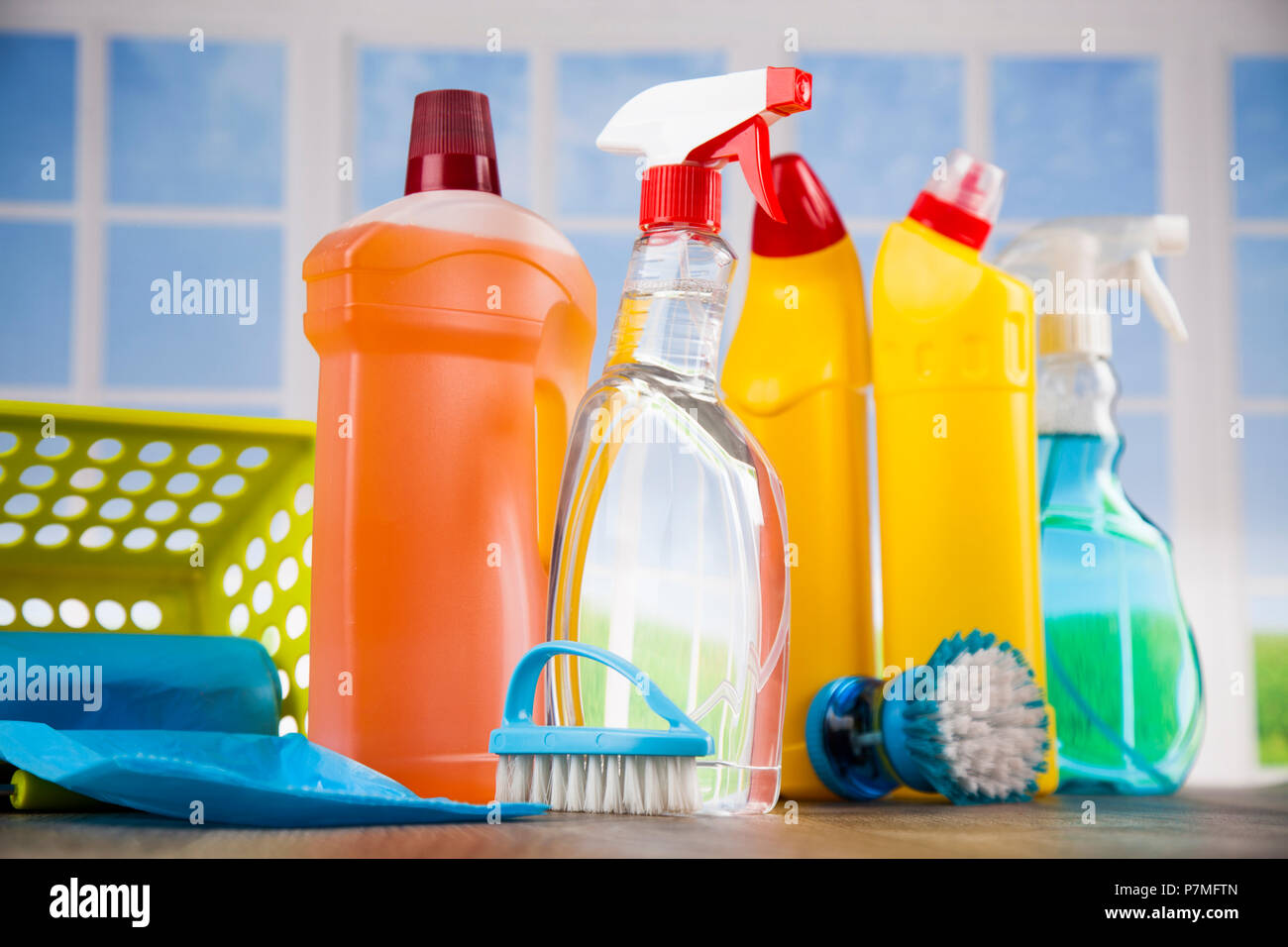 House cleaning product and window background Stock Photo - Alamy