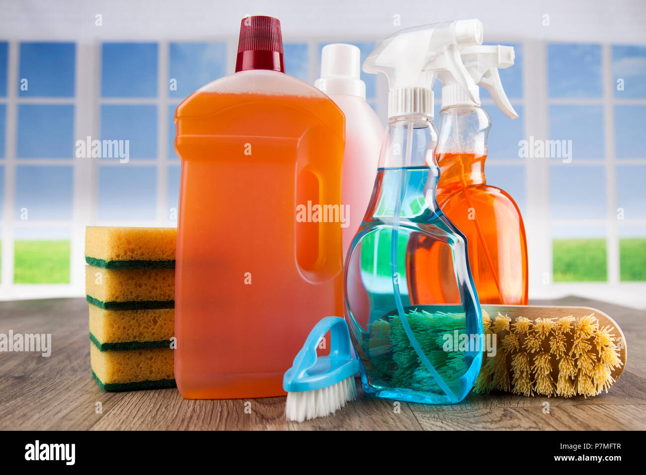 Cleaning Equipment and window background Stock Photo - Alamy