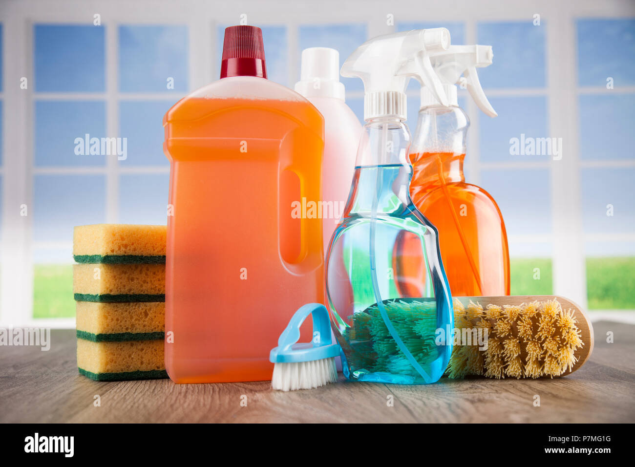 Cleaning Equipment and window background Stock Photo - Alamy