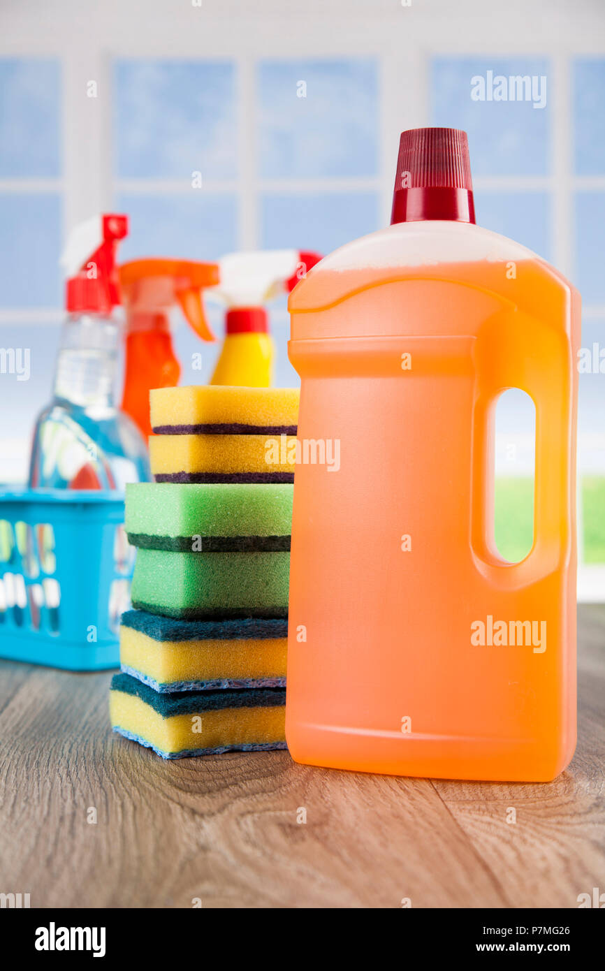 Group of assorted cleaning and window background Stock Photo - Alamy