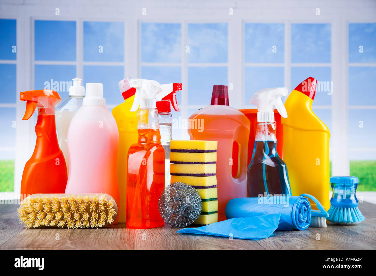 Cleaning Equipment and window background Stock Photo - Alamy