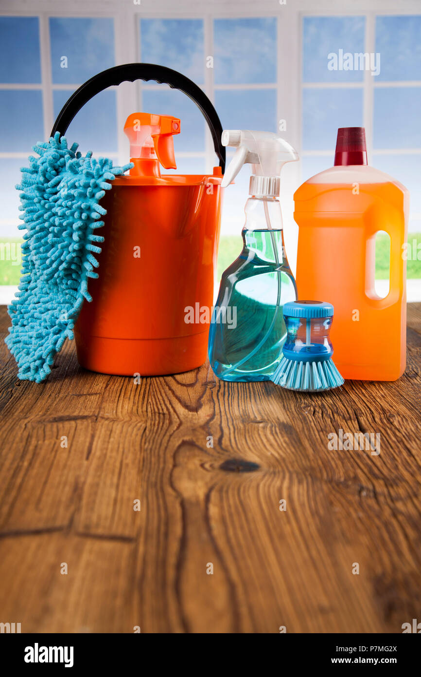 Cleaning Equipment and window background Stock Photo - Alamy