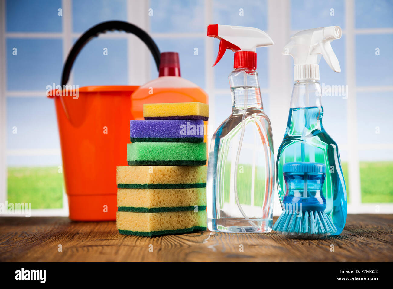 Cleaning Equipment and window background Stock Photo - Alamy
