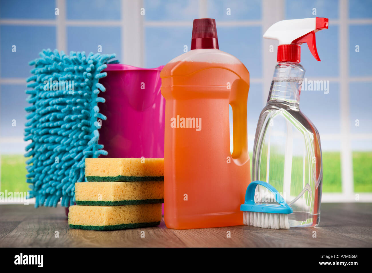 Cleaning Equipment and window background Stock Photo - Alamy