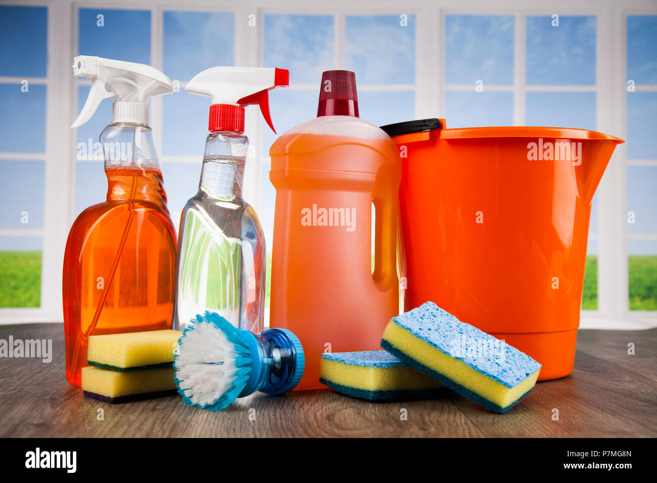 Cleaning Equipment and window background Stock Photo - Alamy