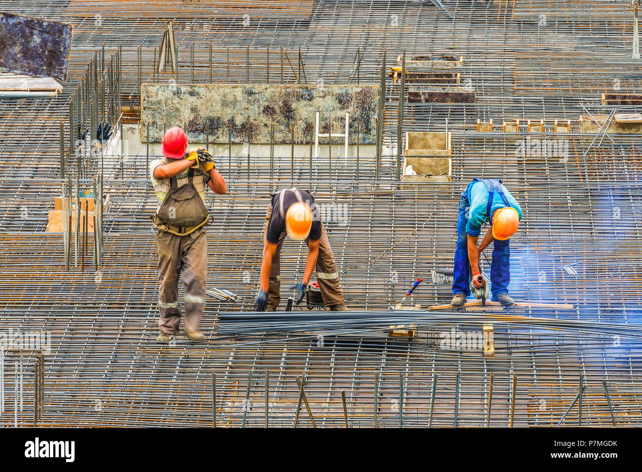 The employee works on the construction site. Performed work electric ...