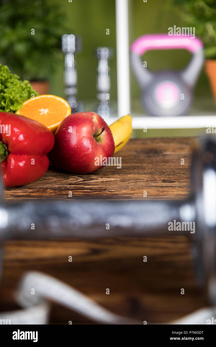 Vitamin and Fitness diet, dumbbell Stock Photo - Alamy