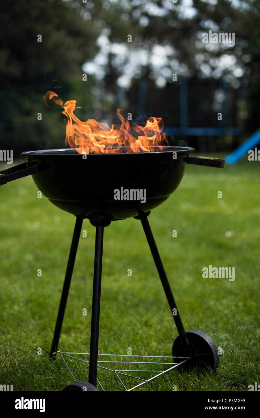 Barbecue grill with fire on nature, outdoor, close up Stock Photo - Alamy