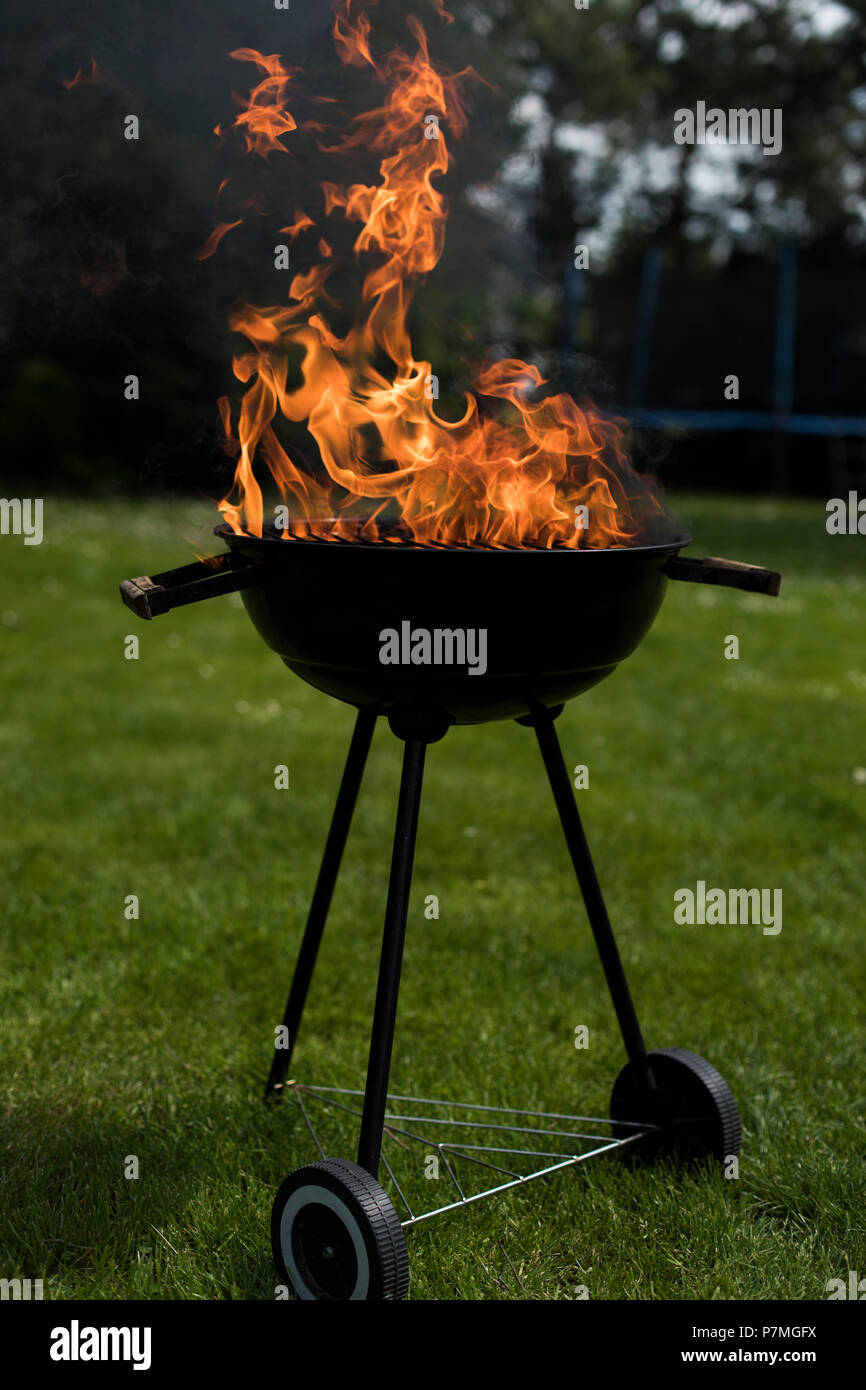 Barbecue grill with fire on nature, outdoor, close up Stock Photo - Alamy