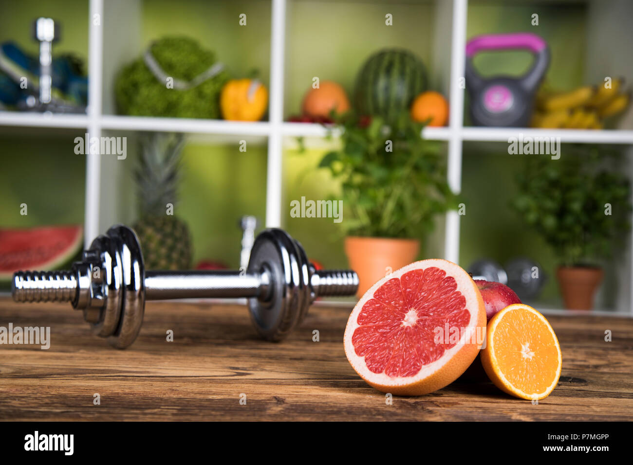Vitamin and Fitness diet, dumbbell Stock Photo - Alamy