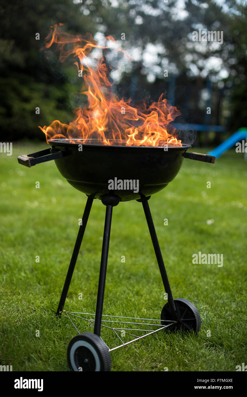 Barbecue grill with fire on nature, outdoor, close up Stock Photo - Alamy