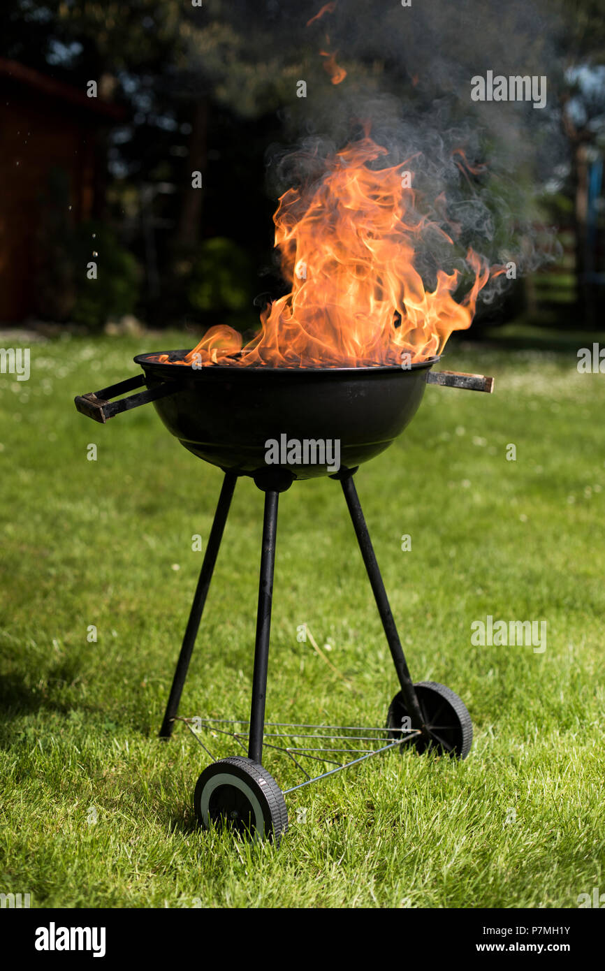 Barbecue grill with fire on nature, outdoor, close up Stock Photo - Alamy