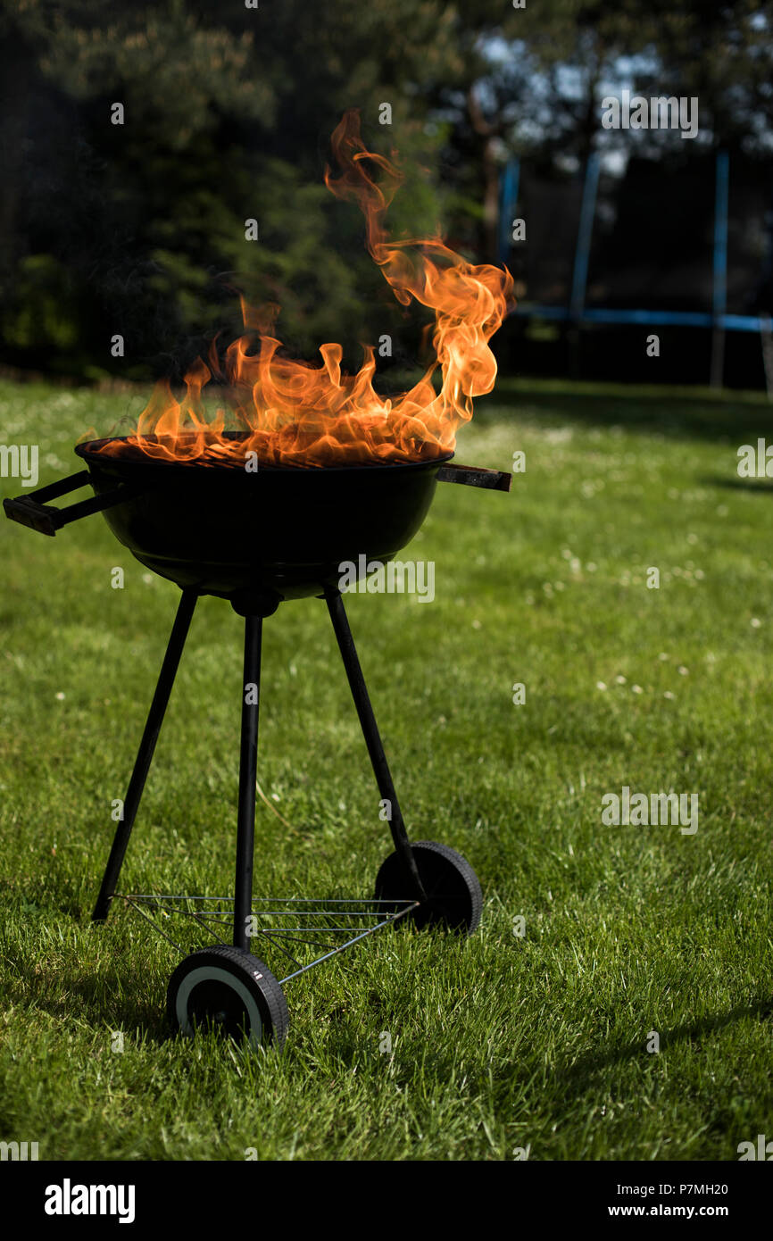 Barbecue grill with fire on nature, outdoor, close up Stock Photo - Alamy