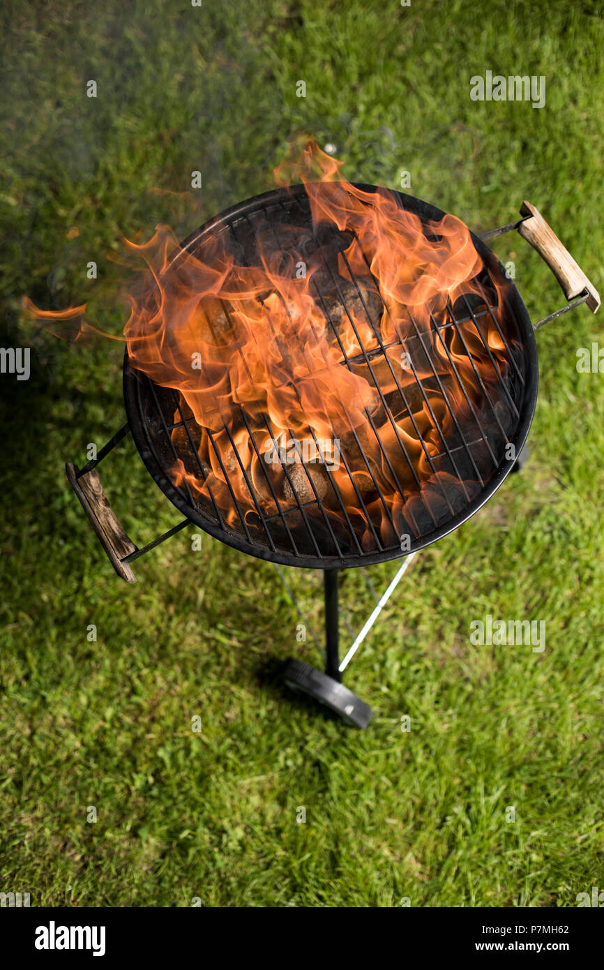 Barbecue grill with fire on nature, outdoor, close up Stock Photo - Alamy