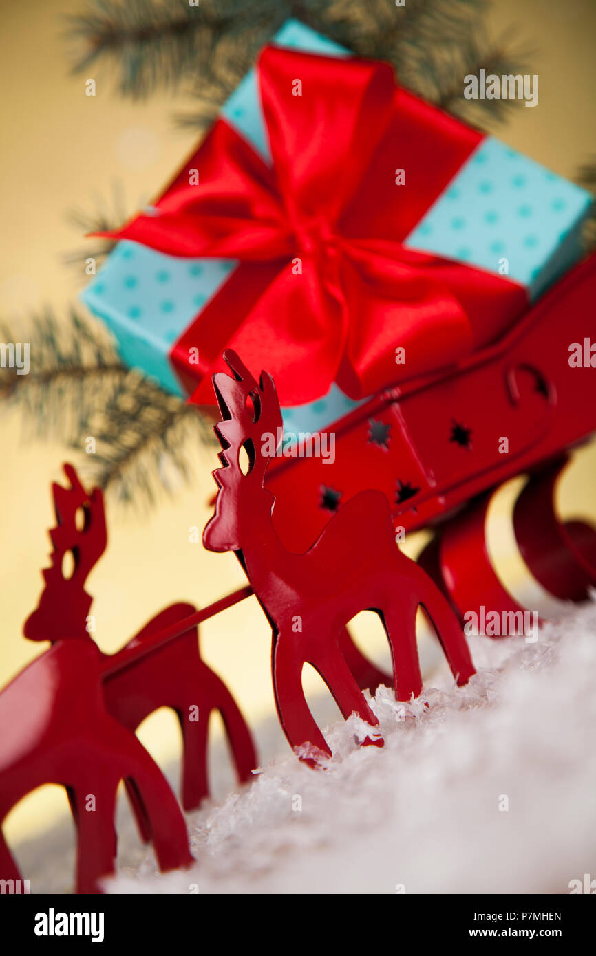 Christmas, Santa sleigh on gift box background Stock Photo - Alamy