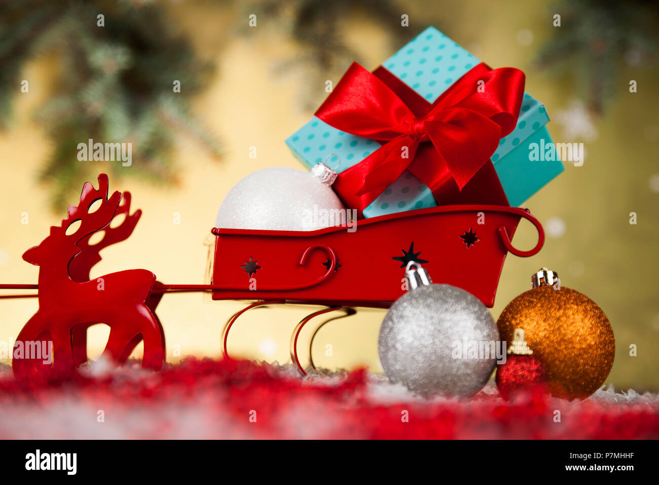 Christmas, Santa sleigh on gift box background Stock Photo - Alamy