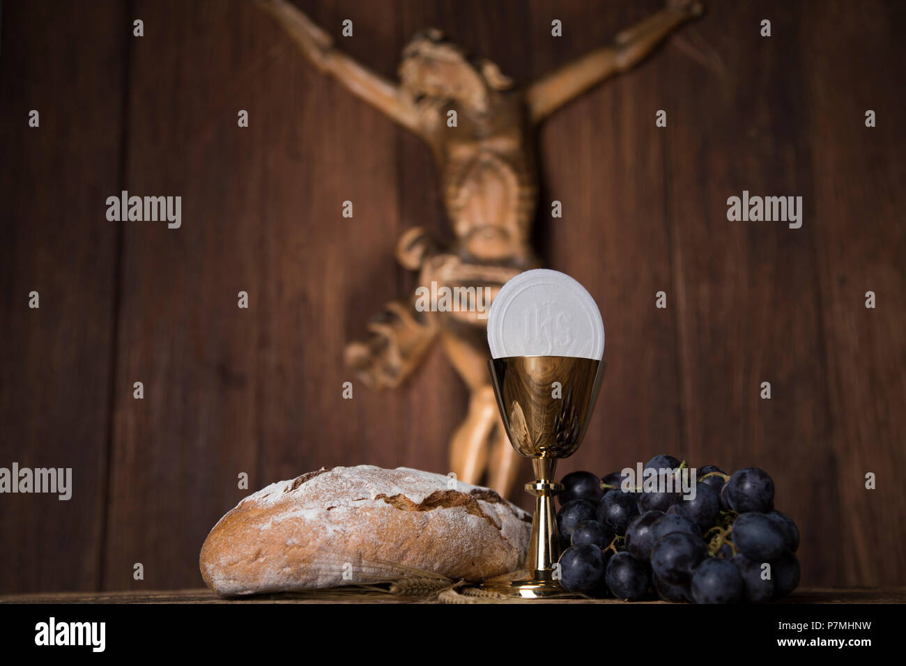 Eucharist symbol of bread and wine, chalice and host, First communion ...
