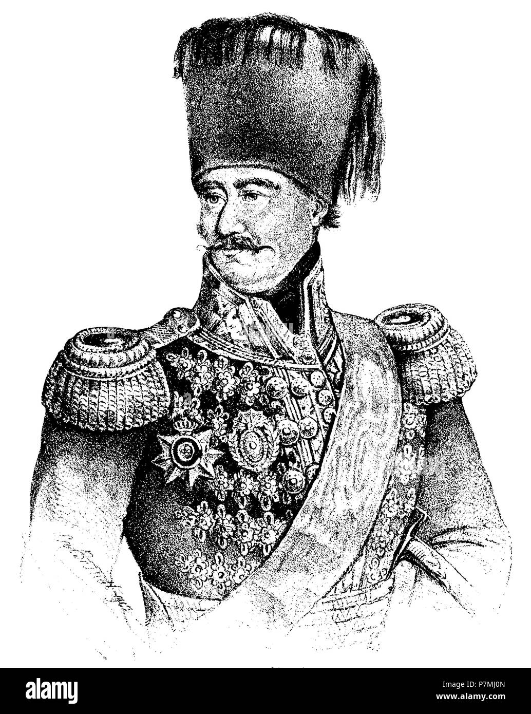 Milosch Obrenowitsch, Prince of Serbia. After the lithograph by C ...