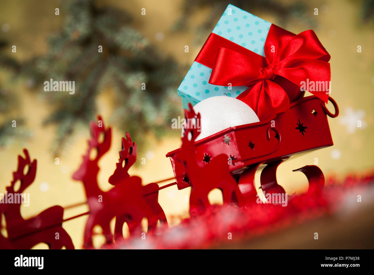Christmas, Santa sleigh on gift box background Stock Photo - Alamy